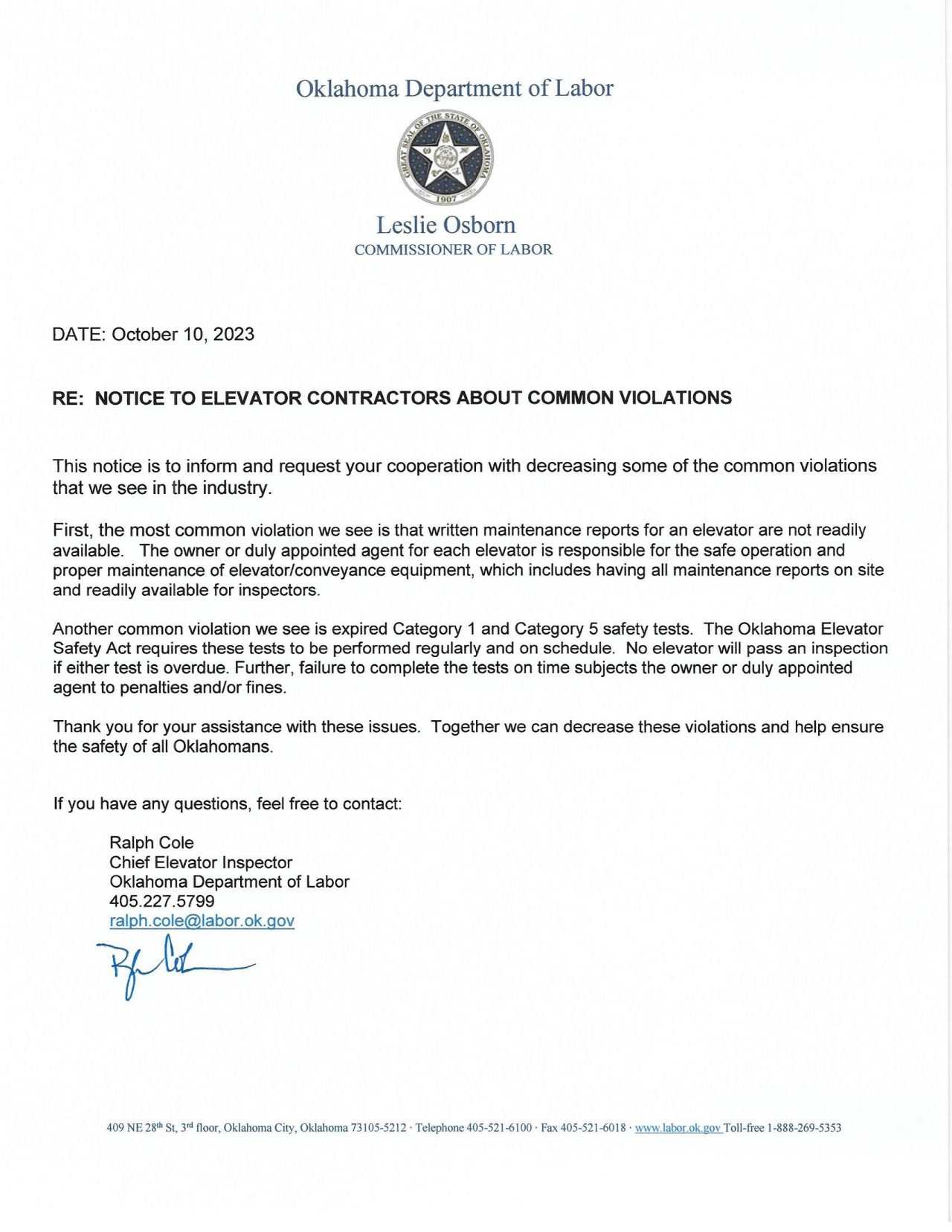 Notice to Elevator Contractors About Common Violations