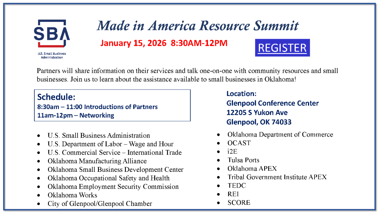 SBA Made in America Manufacturing Resource Summit - Glenpool